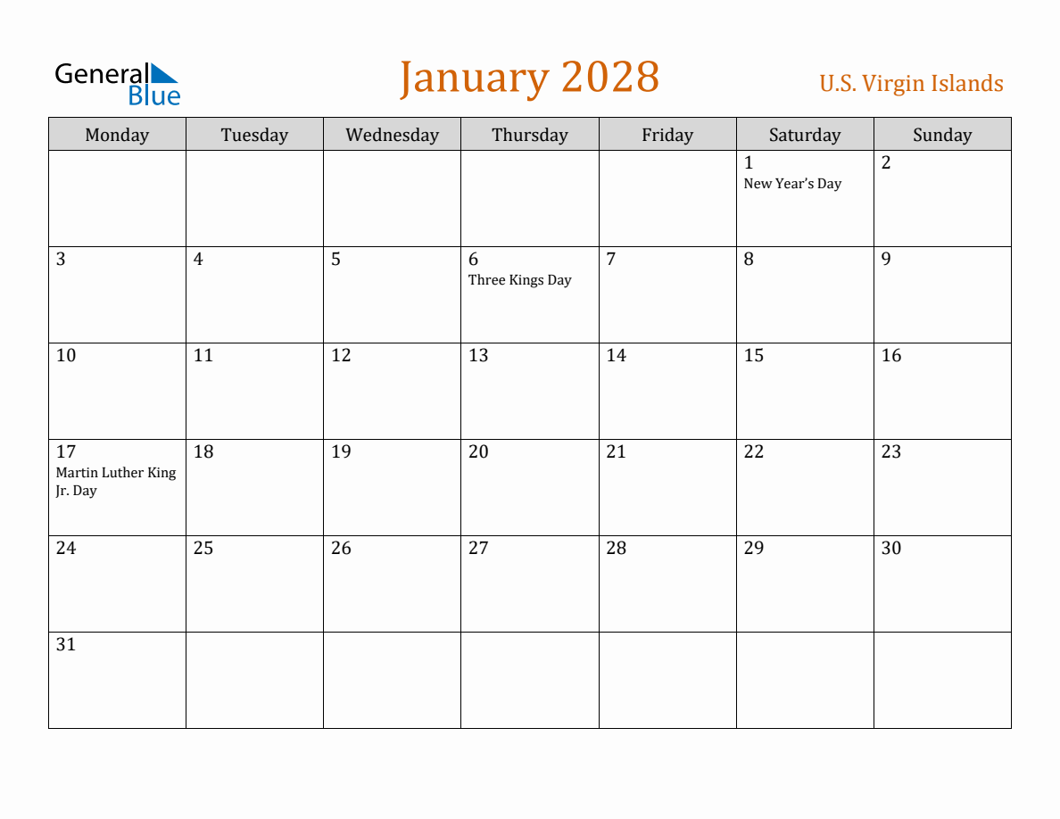 Free January 2028 U.S. Virgin Islands Calendar (Monday Start)