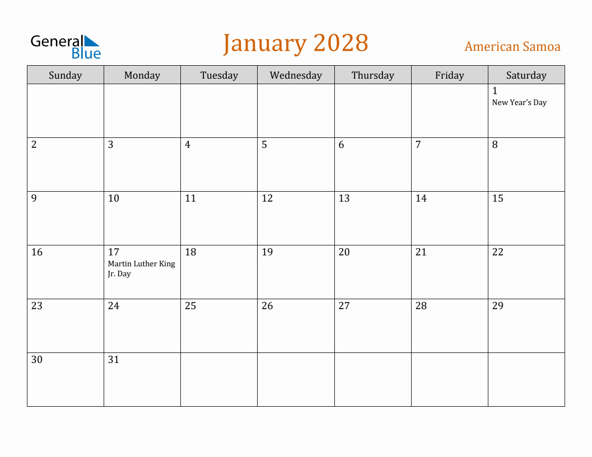 Free January 2028 American Samoa Calendar