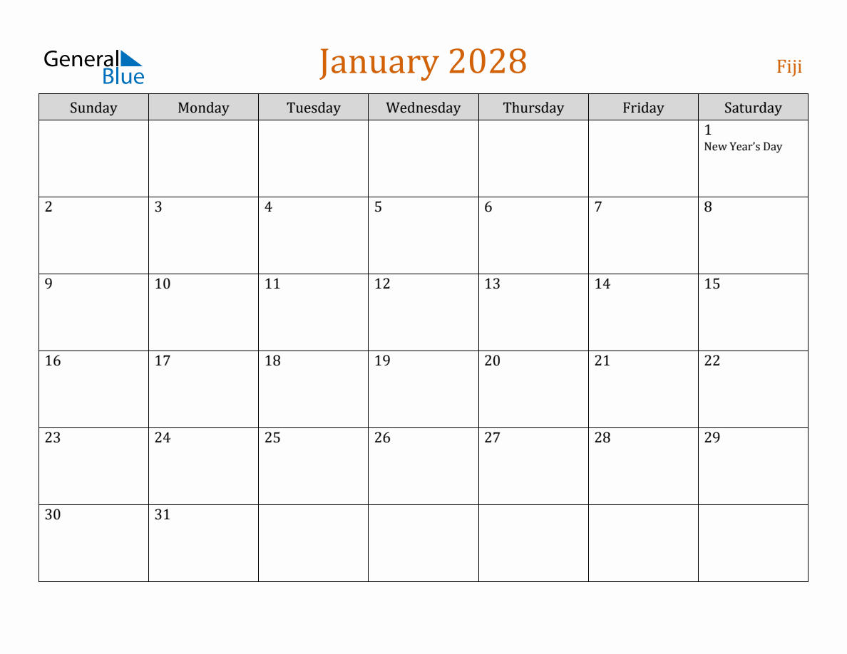 Free January 2028 Fiji Calendar