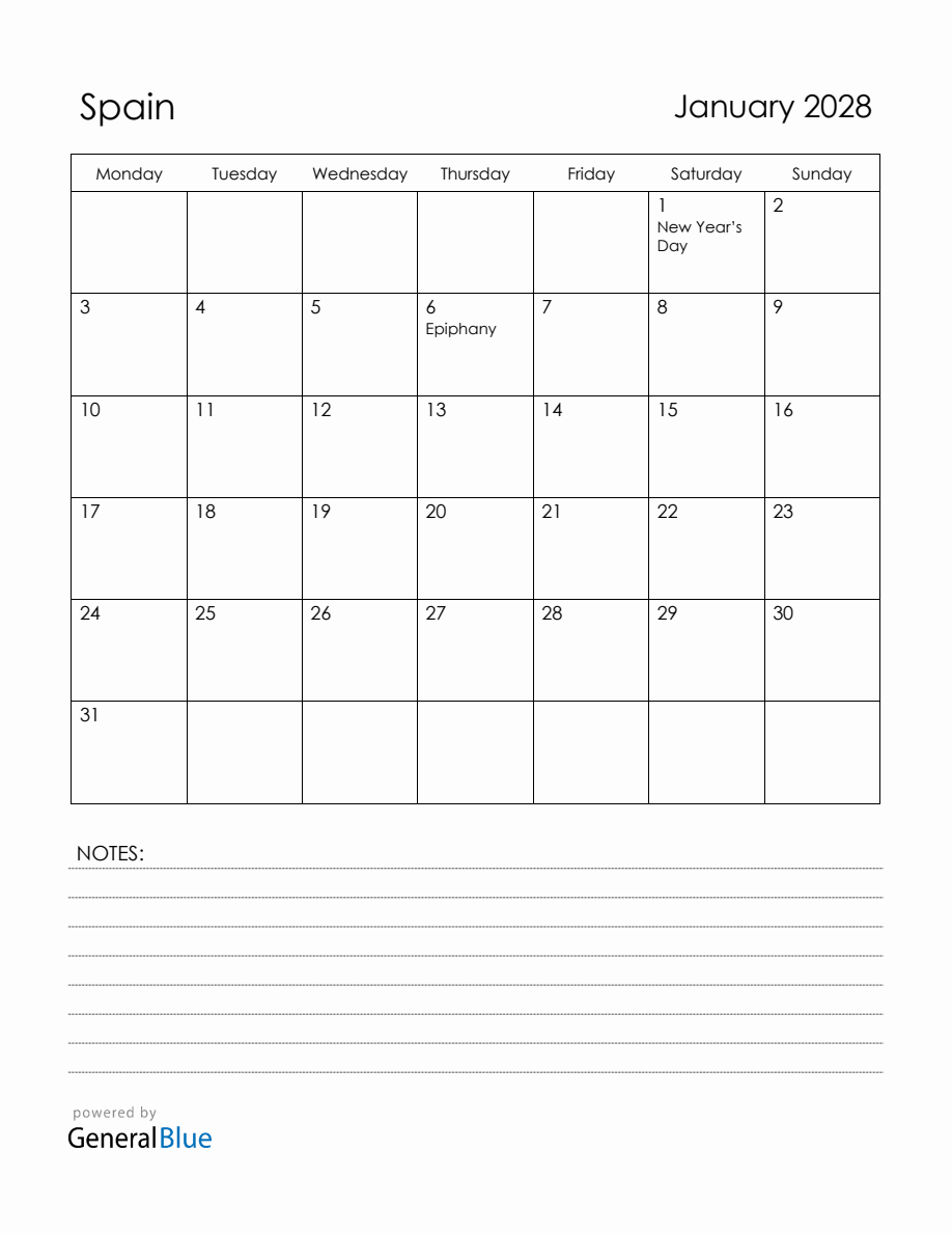 January 2028 Spain Calendar with Holidays (Monday Start)