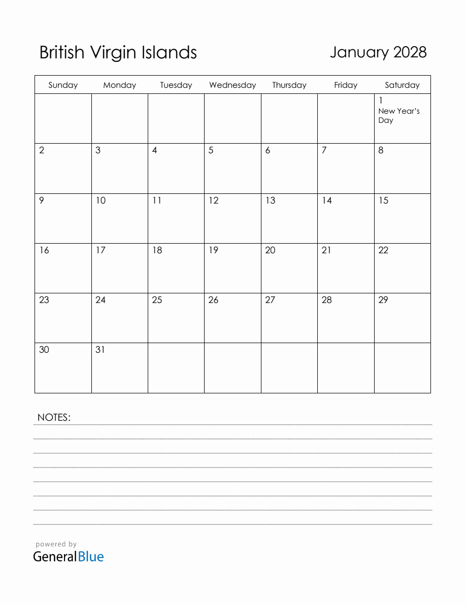 January 2028 British Virgin Islands Calendar with Holidays