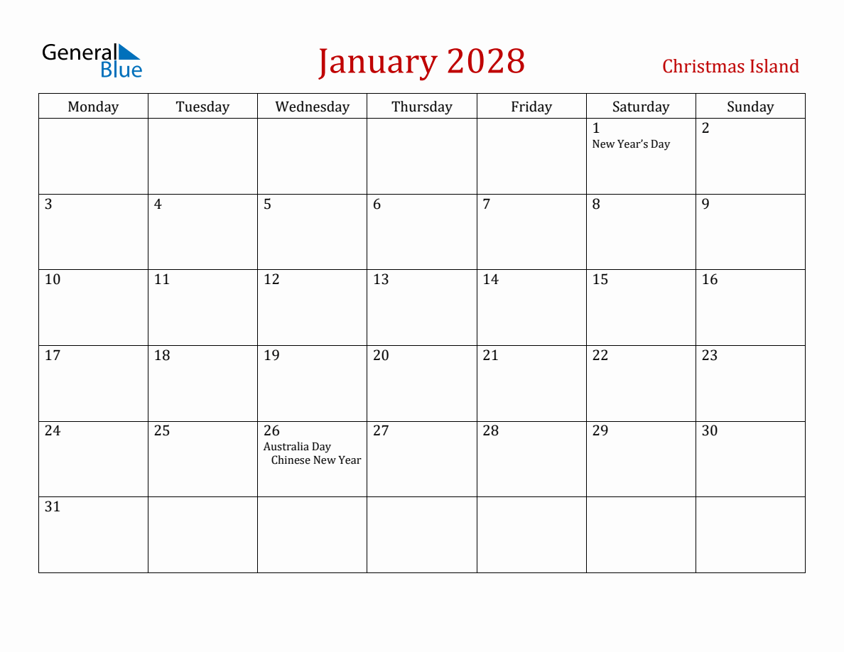 January 2028 Christmas Island Monthly Calendar with Holidays