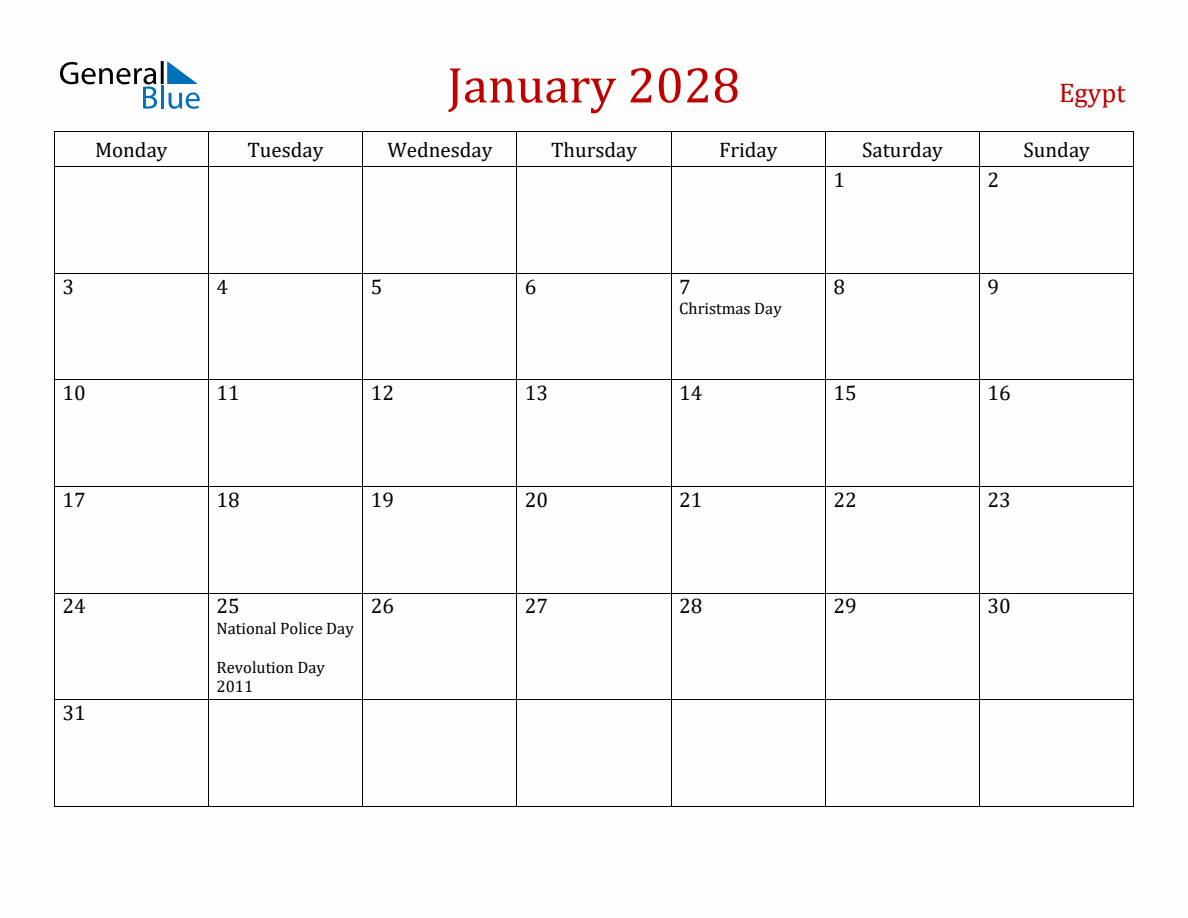 January 2028 Egypt Monthly Calendar with Holidays (Monday Start)