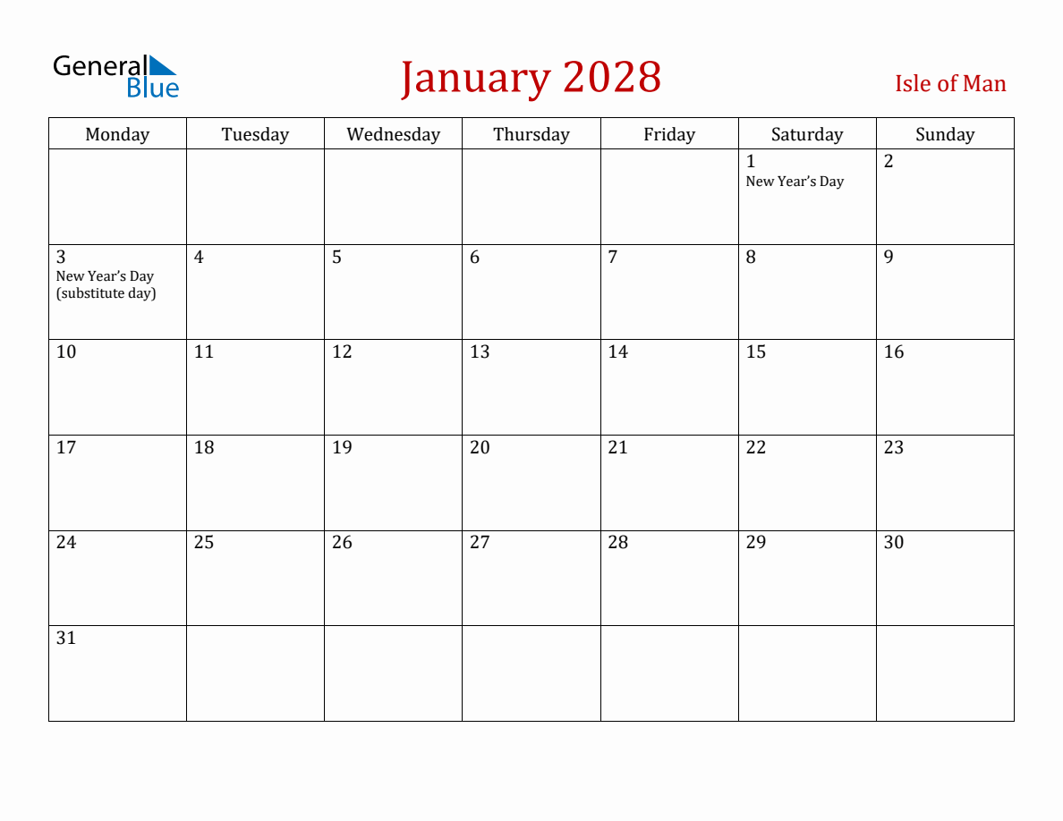 January 2028 Isle of Man Monthly Calendar with Holidays