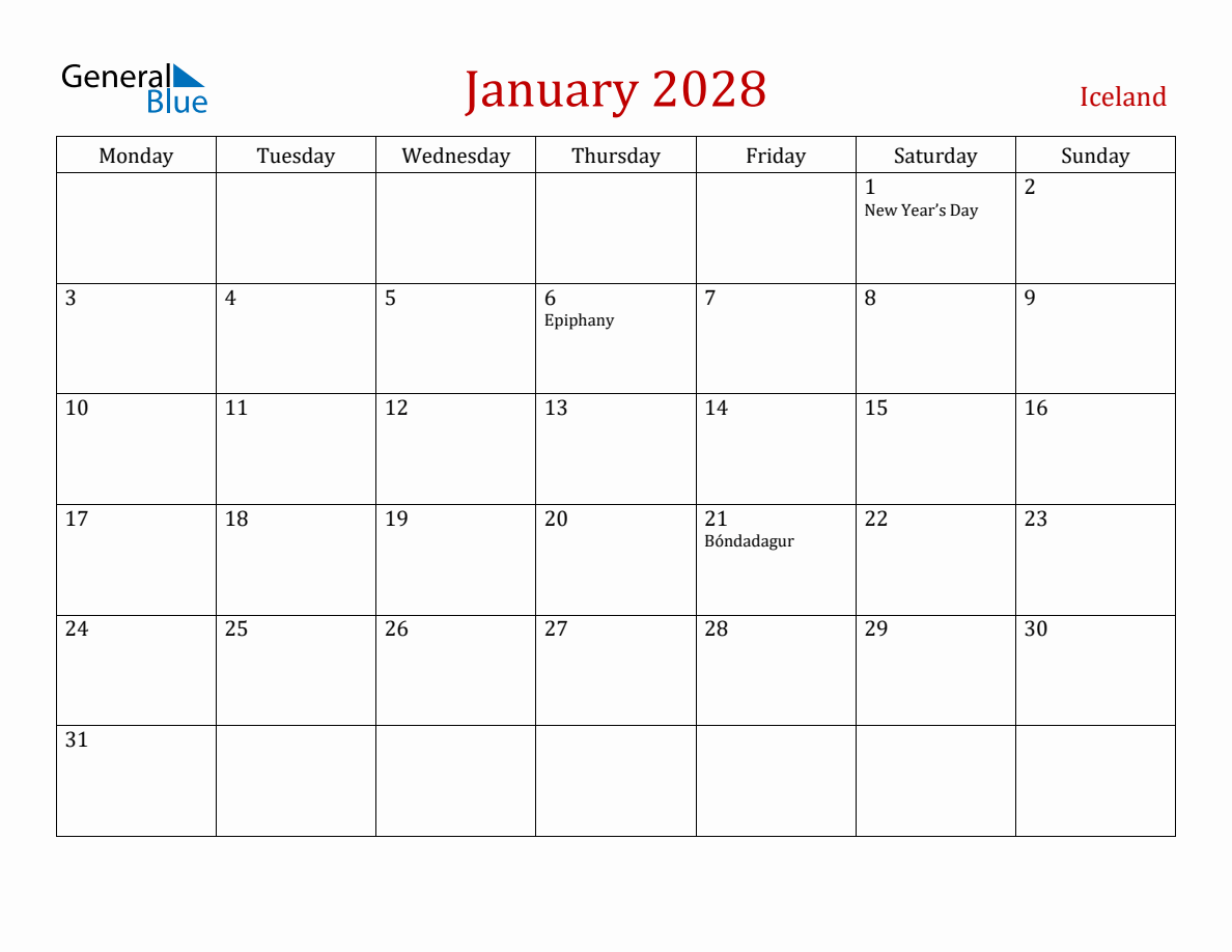 January 2028 Iceland Monthly Calendar with Holidays