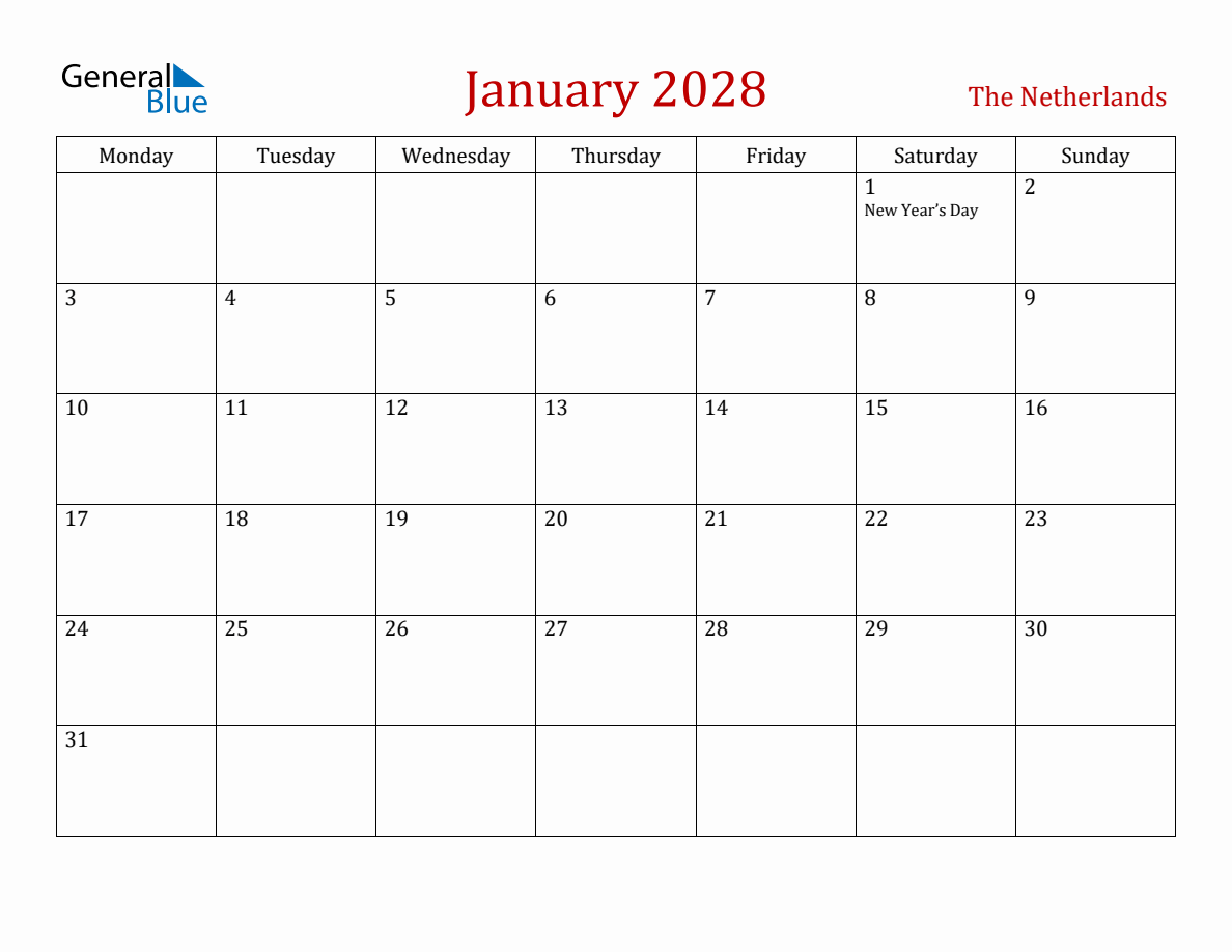 January 2028 The Netherlands Monthly Calendar with Holidays