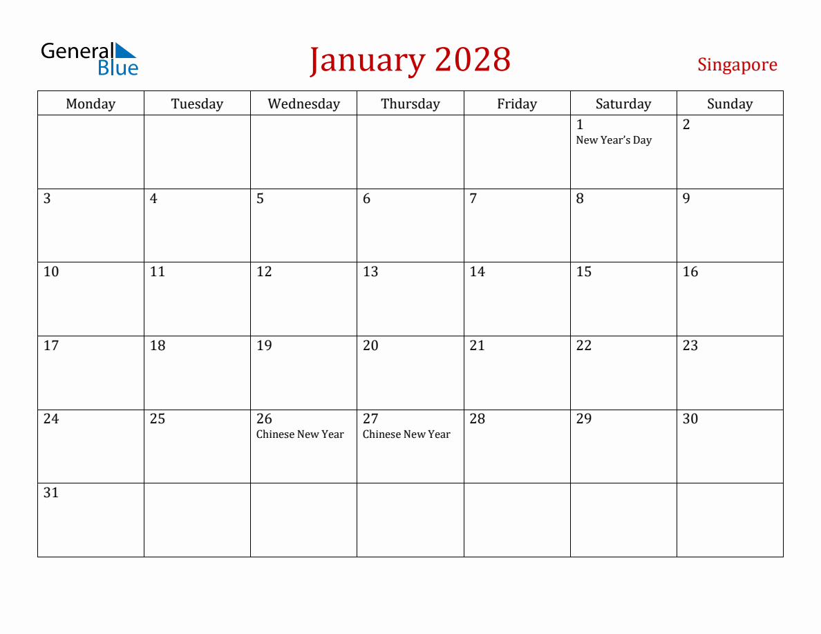 January 2028 Singapore Monthly Calendar with Holidays