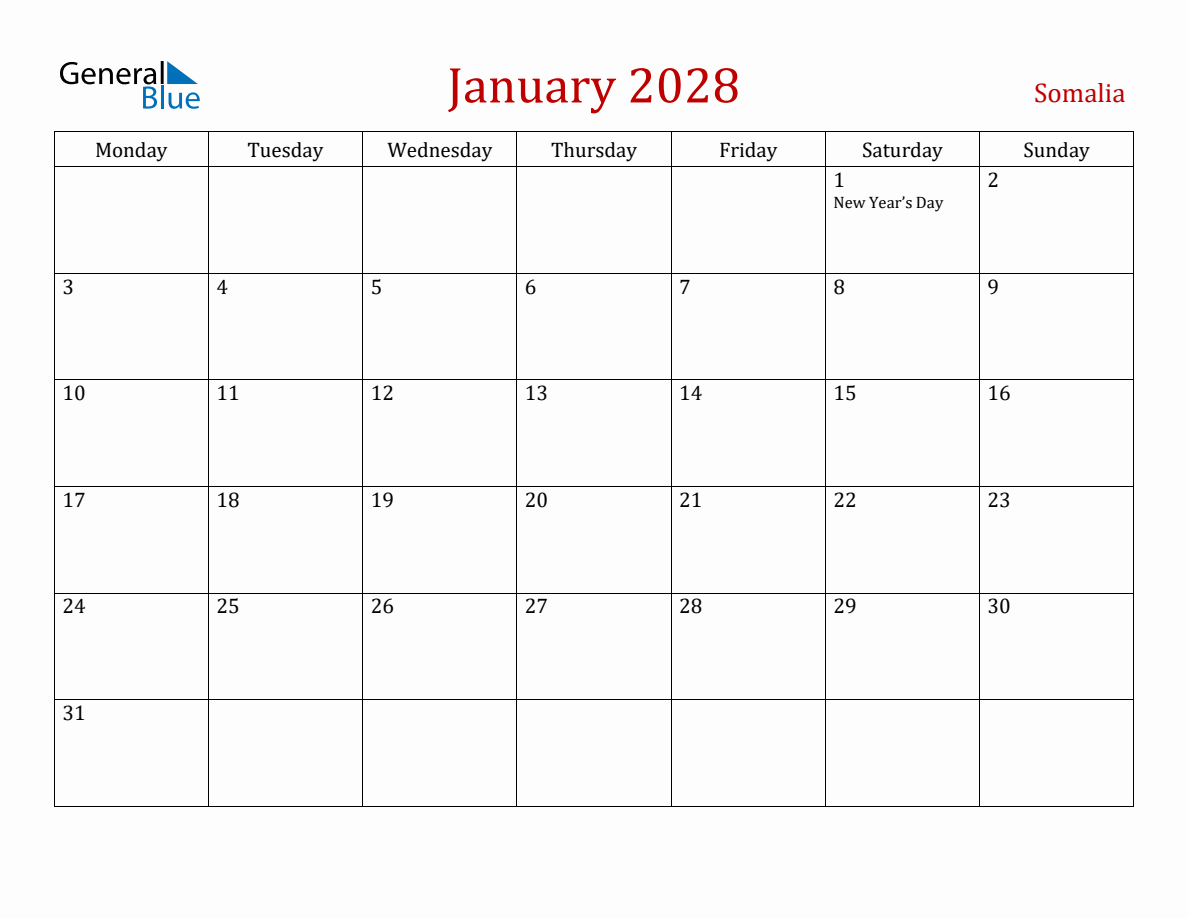 January 2028 Somalia Monthly Calendar with Holidays