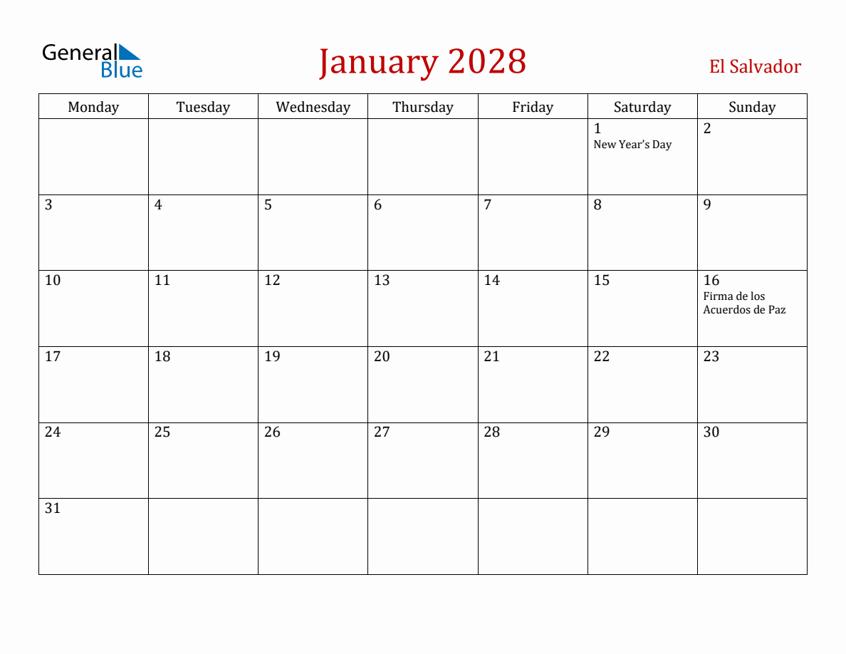 January 2028 El Salvador Monthly Calendar with Holidays