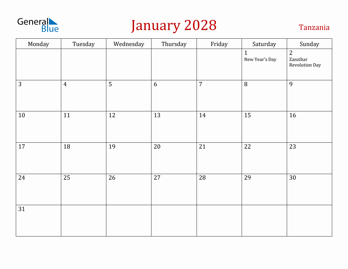 January 2028 Tanzania Monthly Calendar with Holidays (Monday Start)