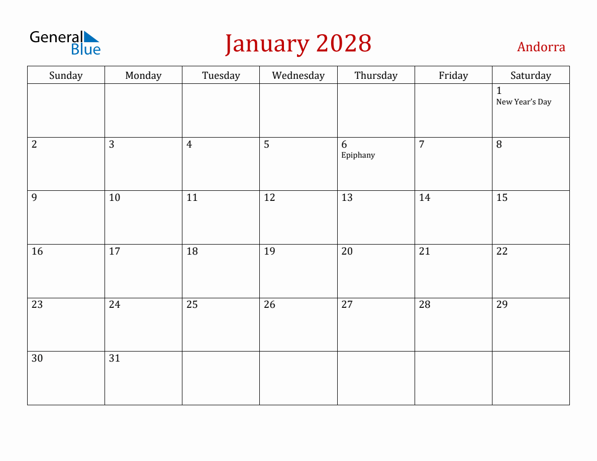 January 2028 Andorra Monthly Calendar with Holidays