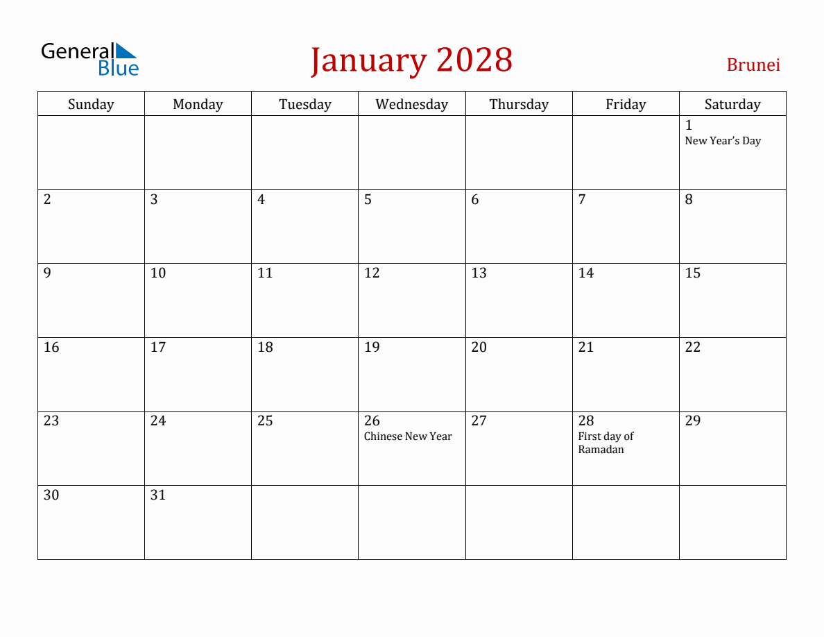 January 2028 Brunei Monthly Calendar with Holidays