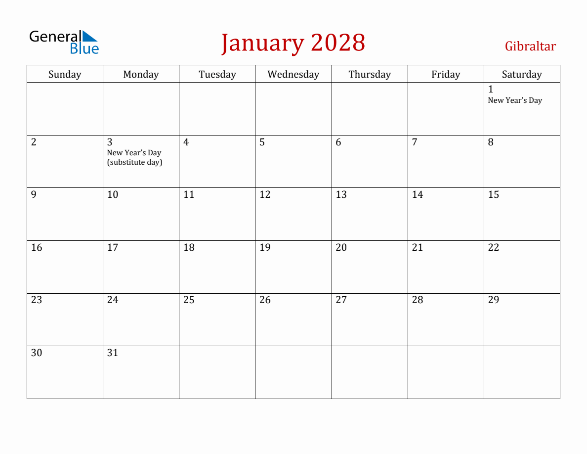 January 2028 Gibraltar Monthly Calendar with Holidays
