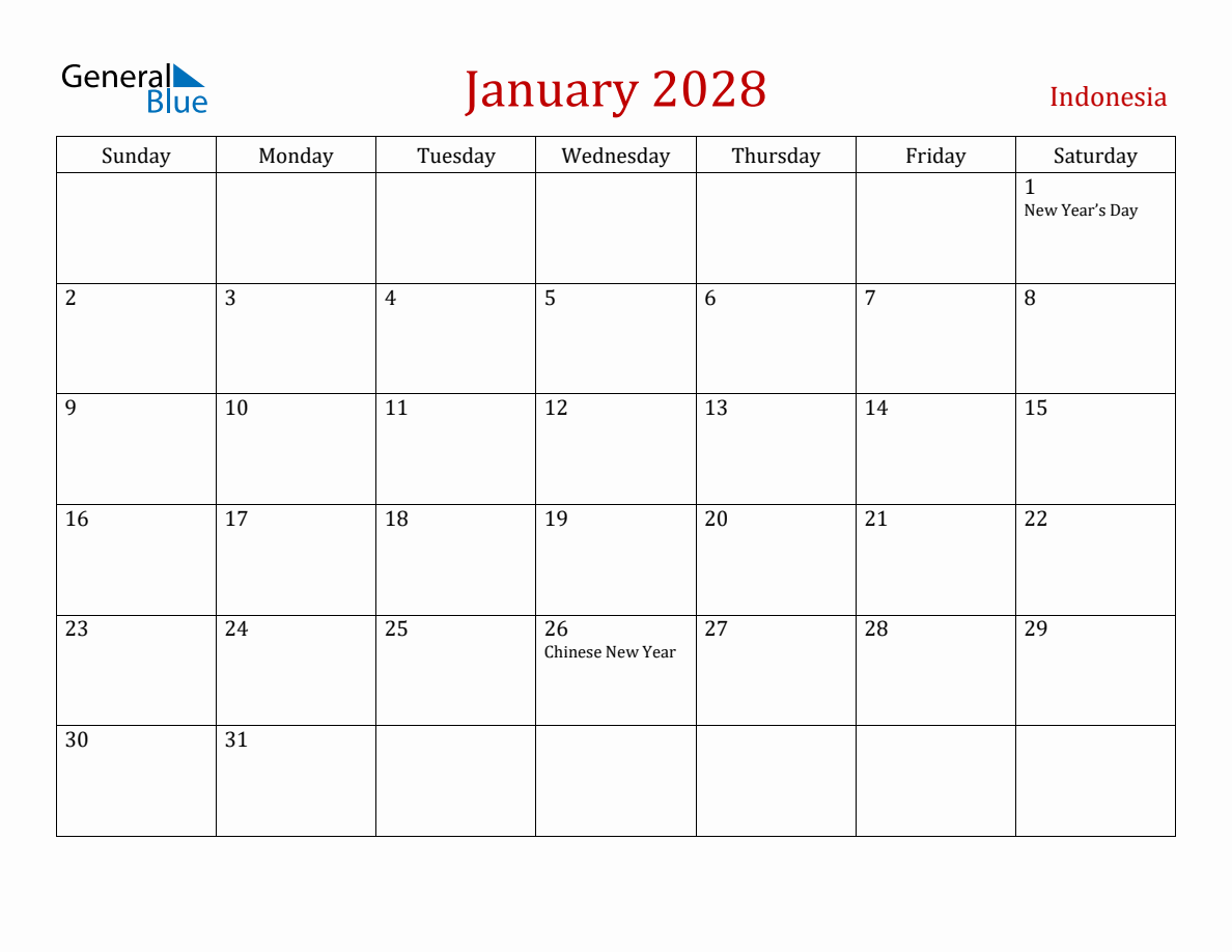 January 2028 Indonesia Monthly Calendar with Holidays