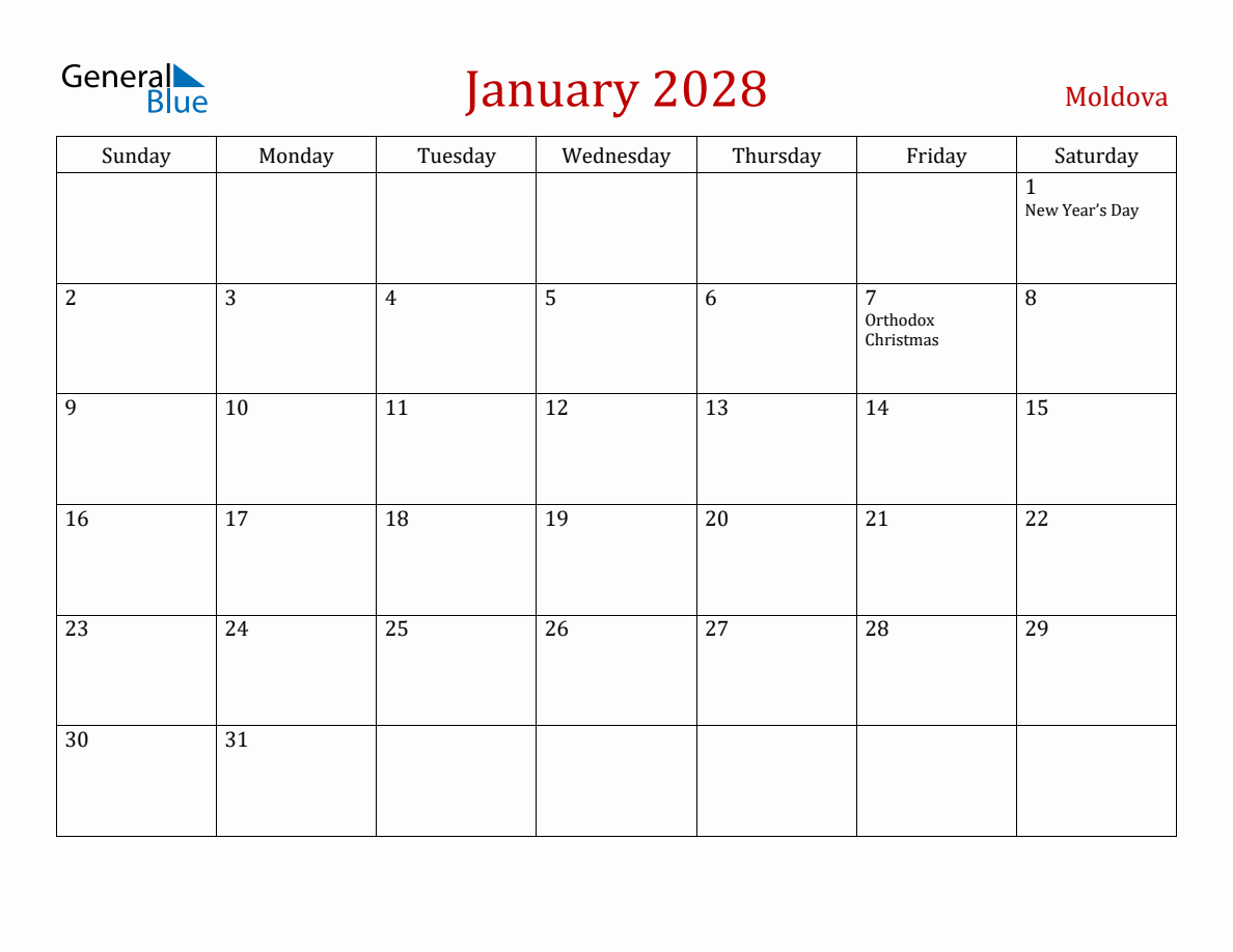 January 2028 Moldova Monthly Calendar with Holidays