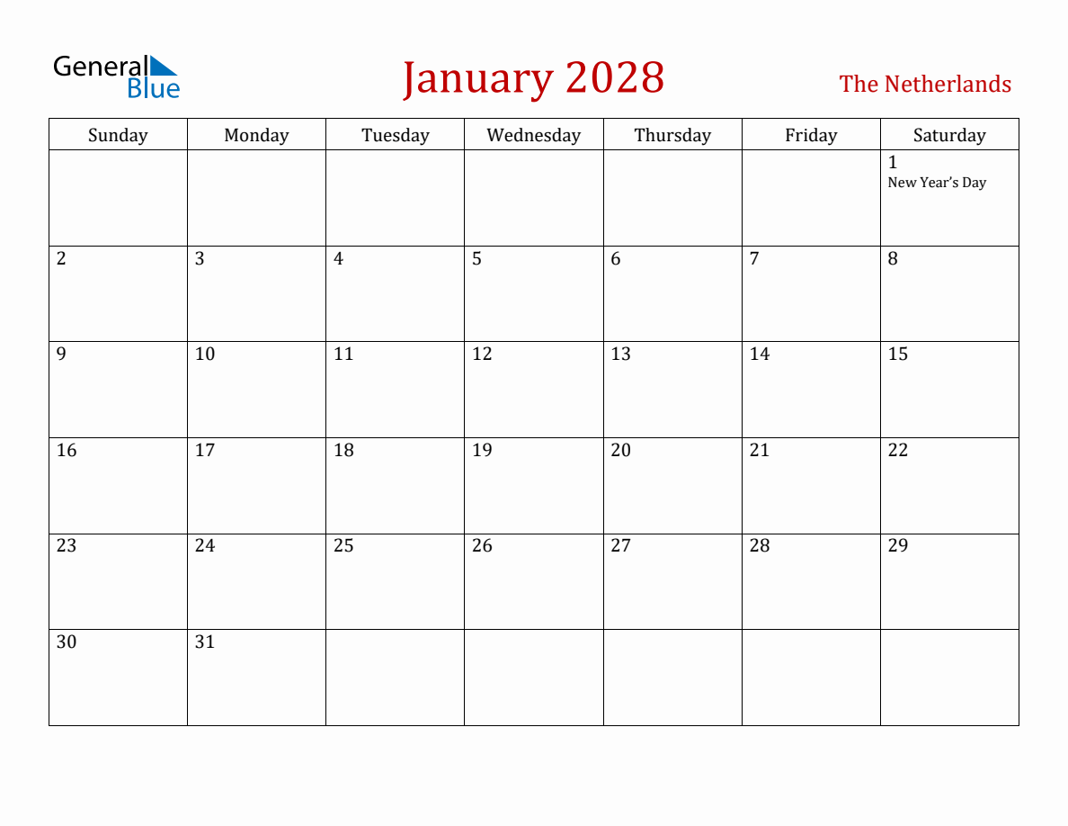 January 2028 The Netherlands Monthly Calendar with Holidays