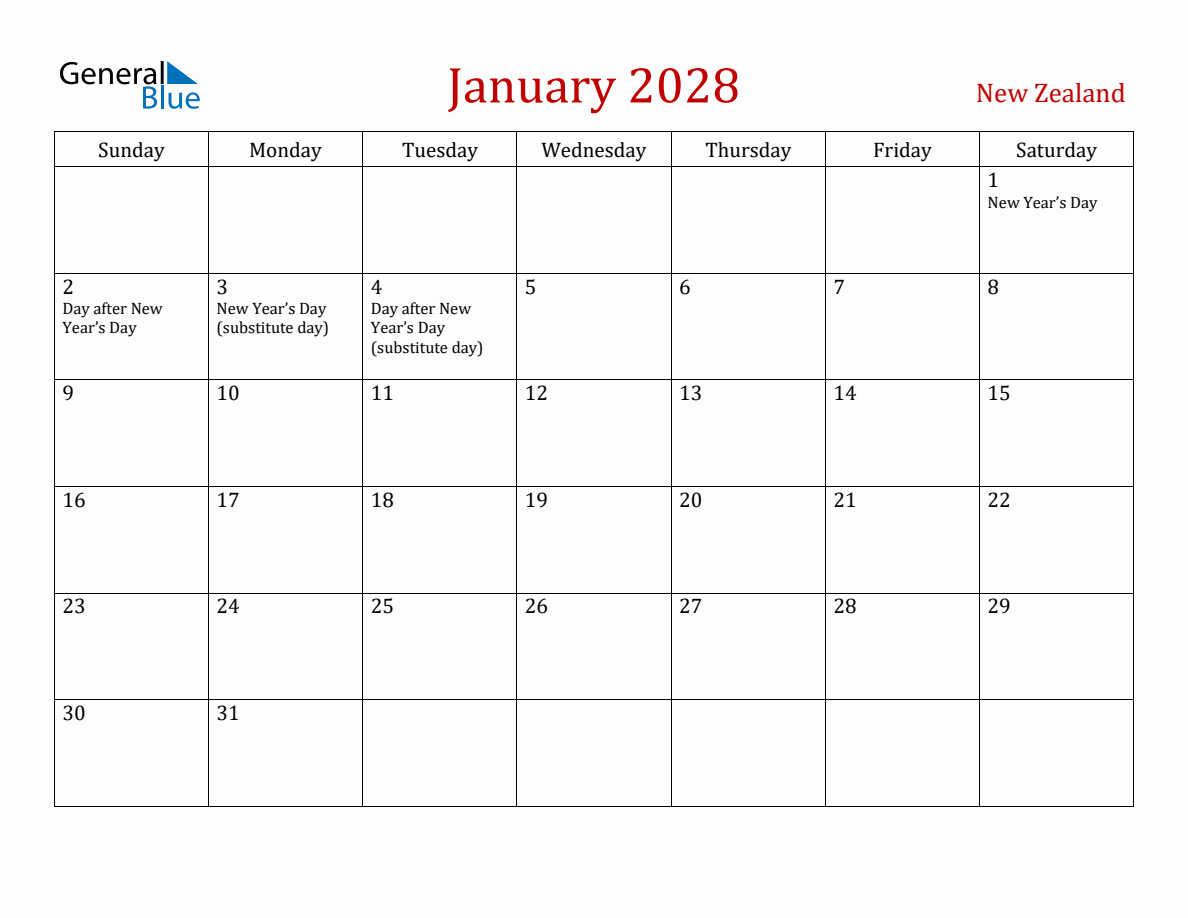 January 2028 New Zealand Monthly Calendar with Holidays