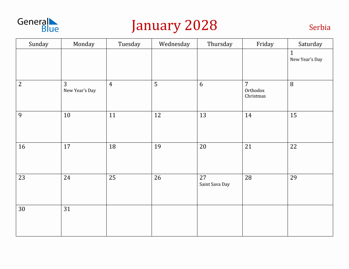January 2028 Serbia Monthly Calendar with Holidays