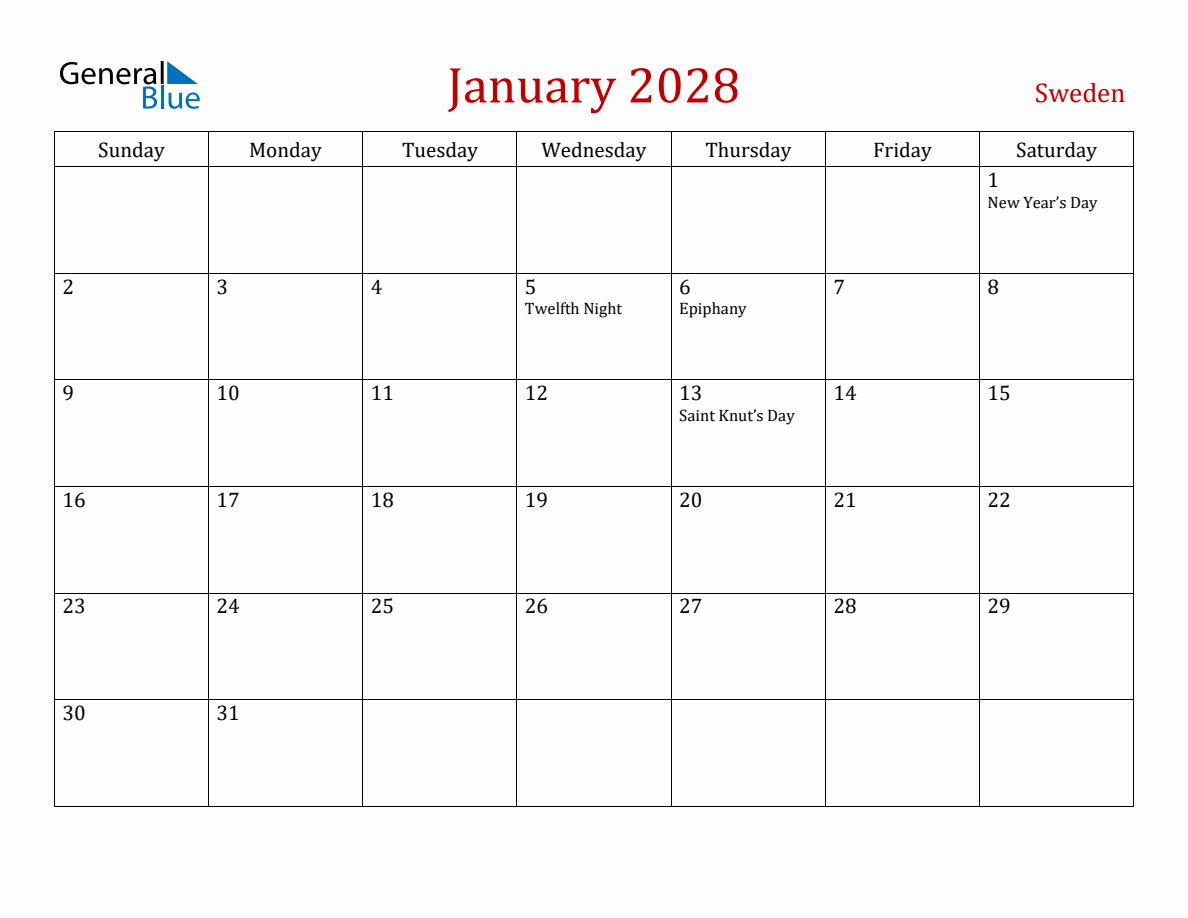 January 2028 Sweden Monthly Calendar with Holidays