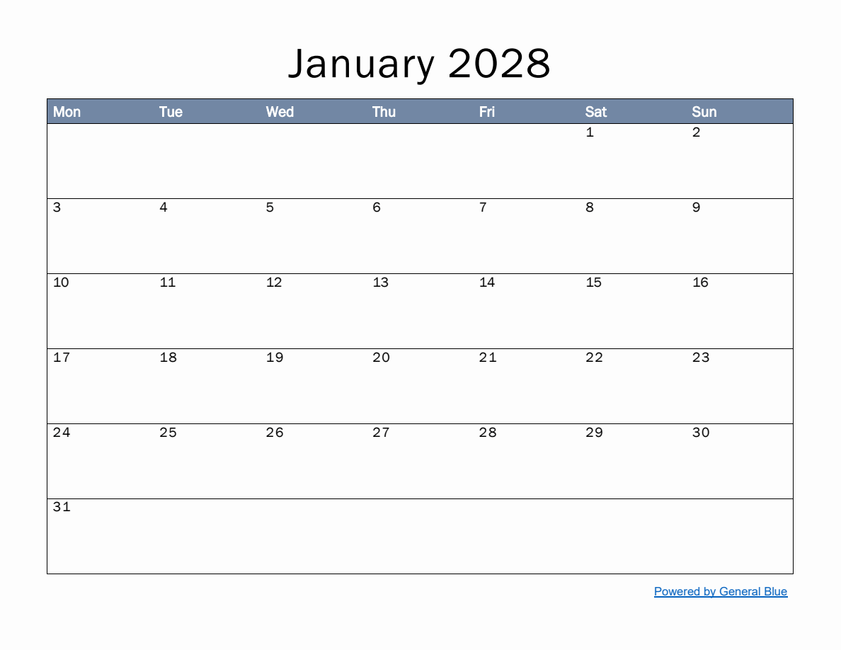 Monthly Calendar Template for January 2028 - Monday Start