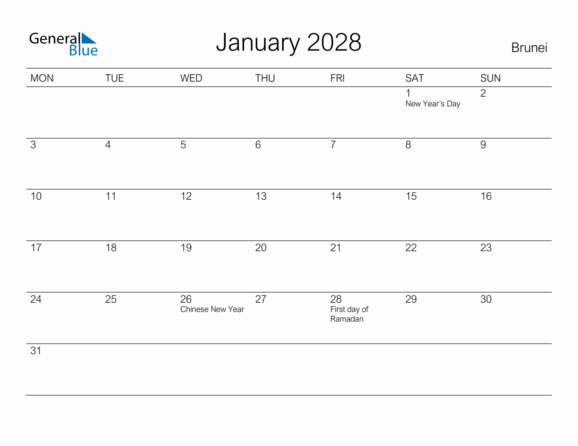 Printable January 2028 Monthly Calendar with Holidays for Brunei