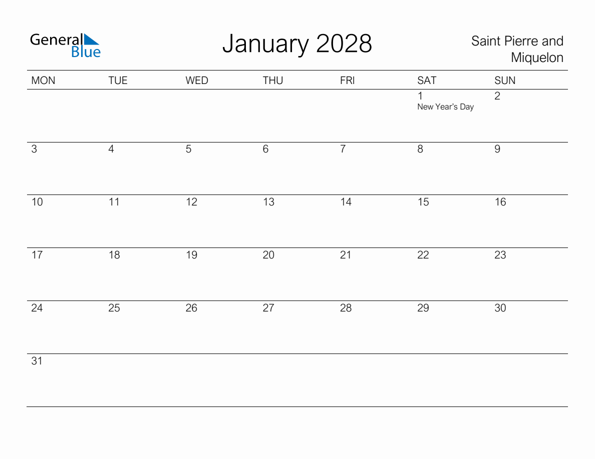 Printable January 2028 Monthly Calendar with Holidays for Saint Pierre ...