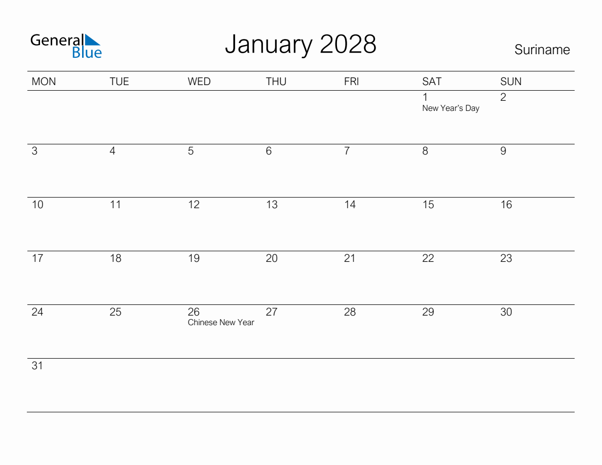 Printable January 2028 Monthly Calendar with Holidays for Suriname ...
