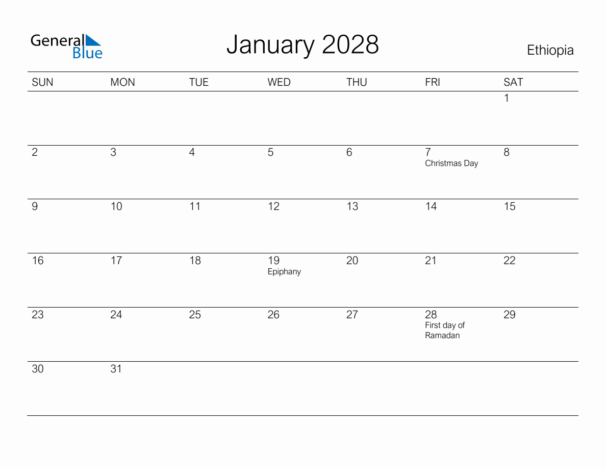 Printable January 2028 Monthly Calendar with Holidays for Ethiopia