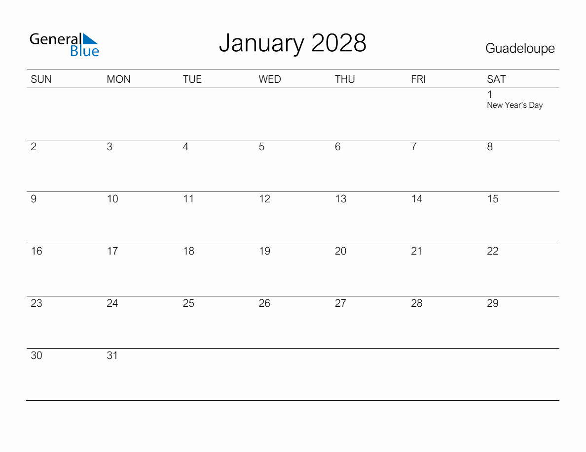 Printable January 2028 Monthly Calendar with Holidays for Guadeloupe