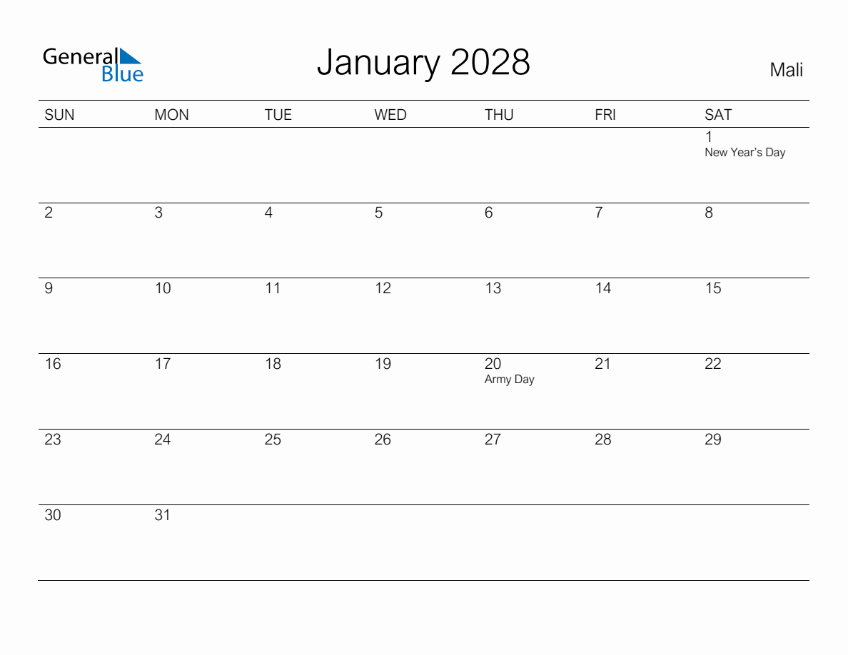 Printable January 2028 Monthly Calendar with Holidays for Mali