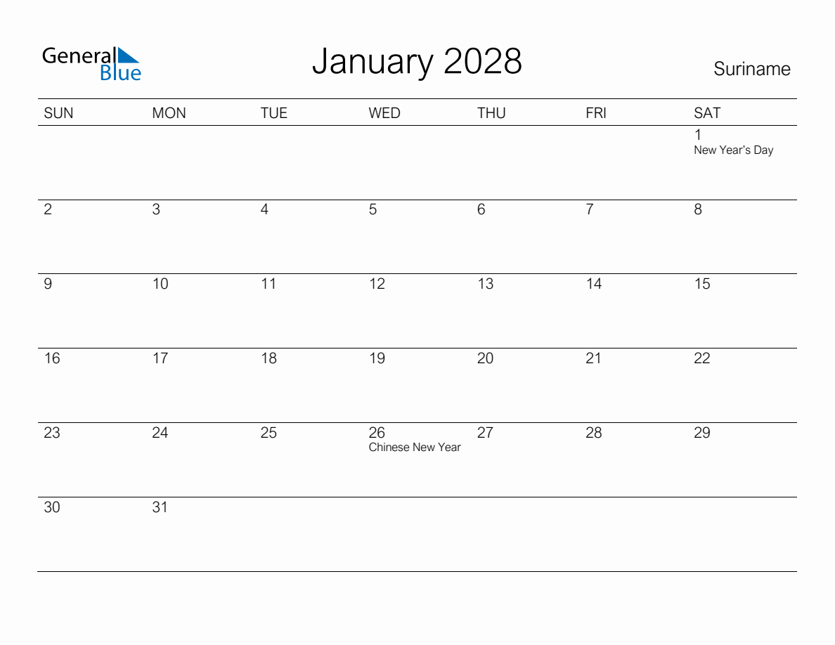 Printable January 2028 Monthly Calendar with Holidays for Suriname