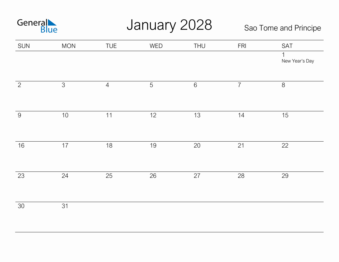 Printable January 2028 Monthly Calendar with Holidays for Sao Tome and ...