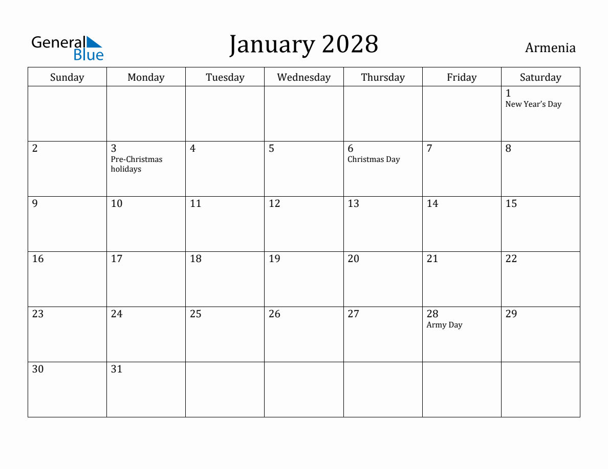 January 2028 Monthly Calendar with Armenia Holidays