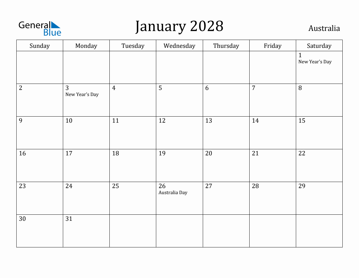 January 2028 Monthly Calendar with Australia Holidays