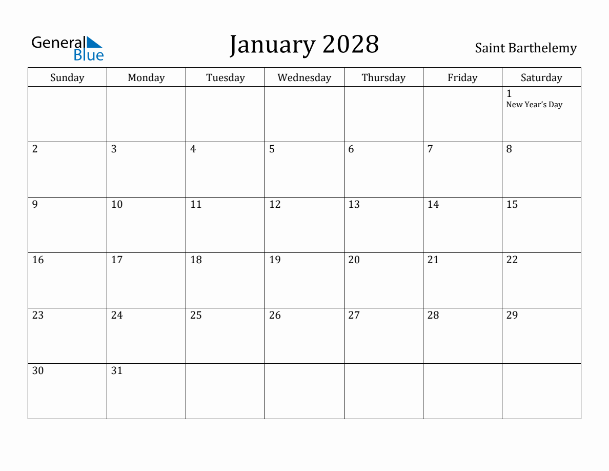 January 2028 Monthly Calendar with Saint Barthelemy Holidays