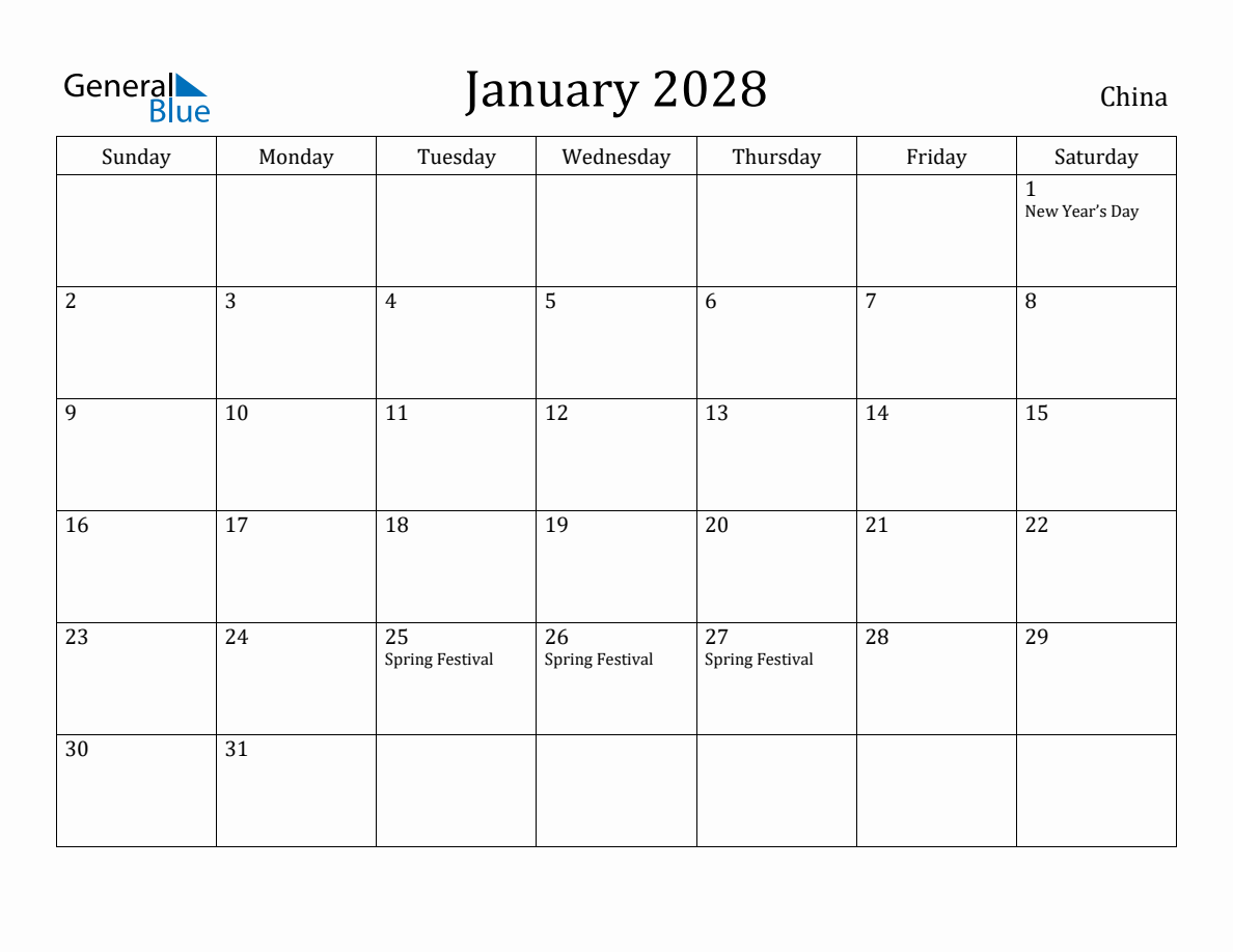 January 2028 Monthly Calendar with China Holidays