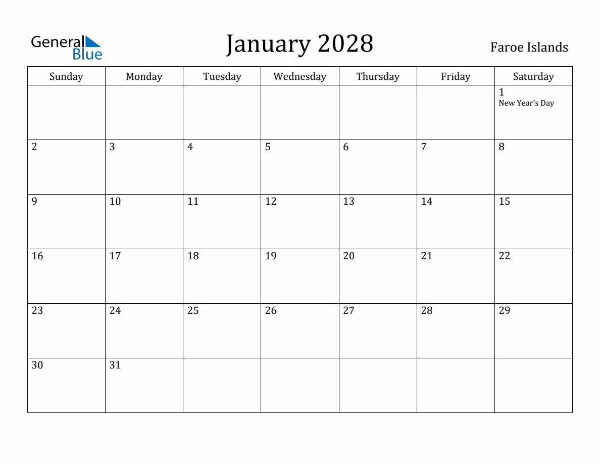 January 2028 Monthly Calendar with Faroe Islands Holidays