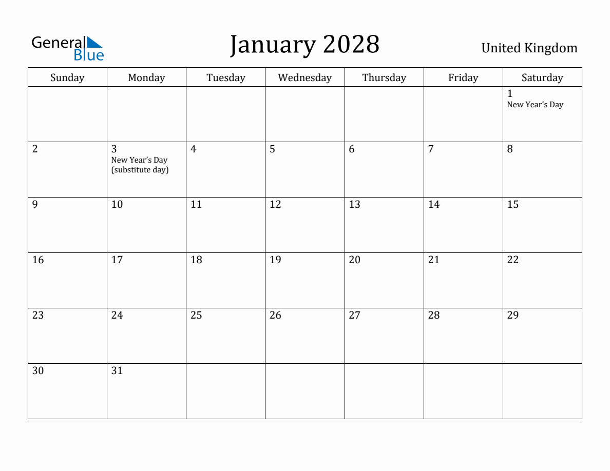January 2028 Monthly Calendar with United Kingdom Holidays