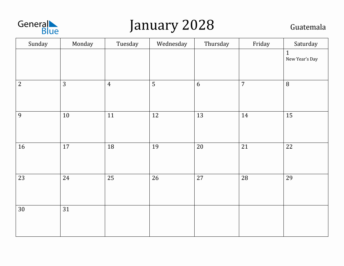 January 2028 Monthly Calendar with Guatemala Holidays