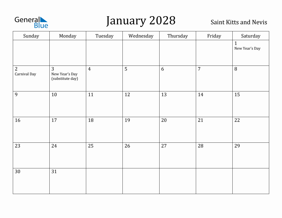 January 2028 Monthly Calendar with Saint Kitts and Nevis Holidays