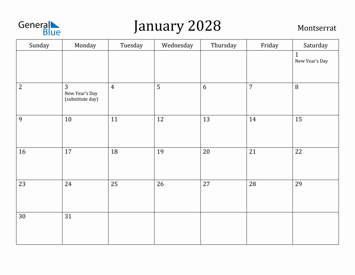 January 2028 Monthly Calendar with Montserrat Holidays