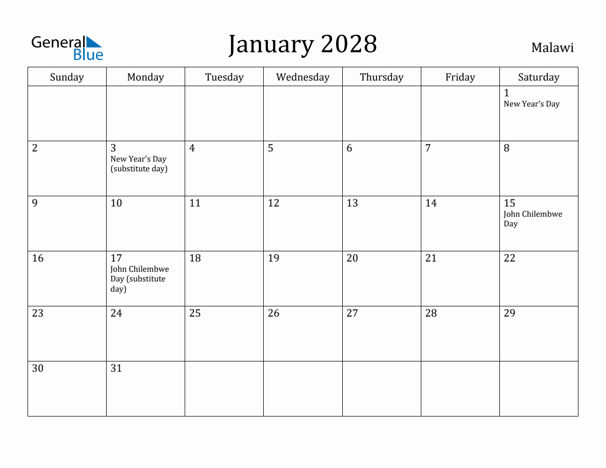 January 2028 Monthly Calendar with Malawi Holidays