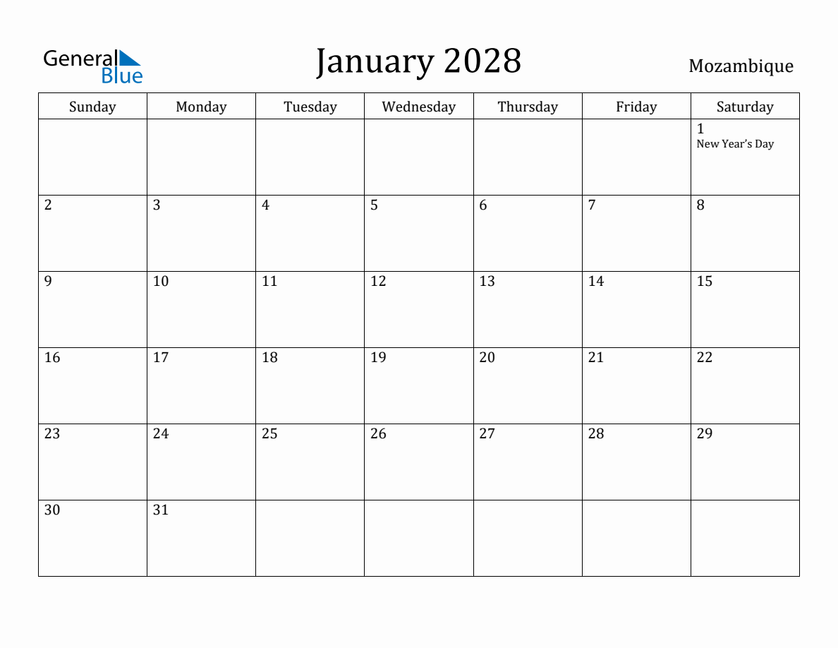 January 2028 Monthly Calendar with Mozambique Holidays