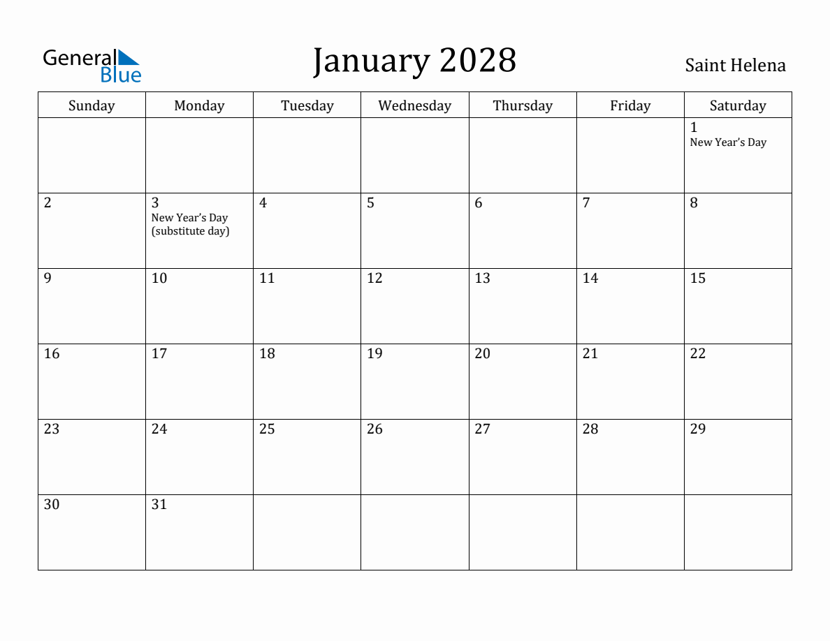 January 2028 Monthly Calendar with Saint Helena Holidays