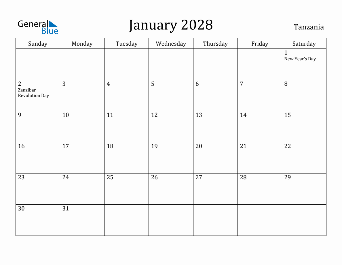 January 2028 Monthly Calendar with Tanzania Holidays