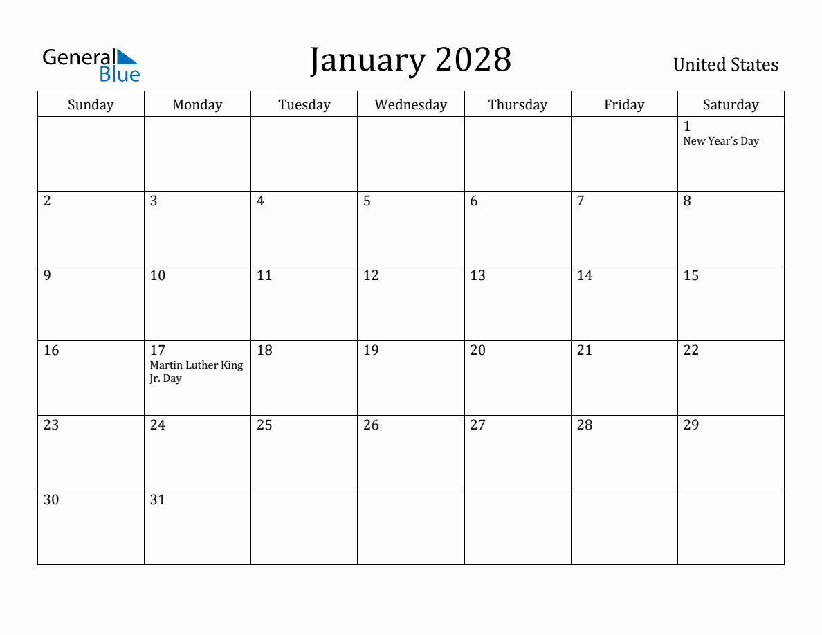 January 2028 Monthly Calendar with United States Holidays