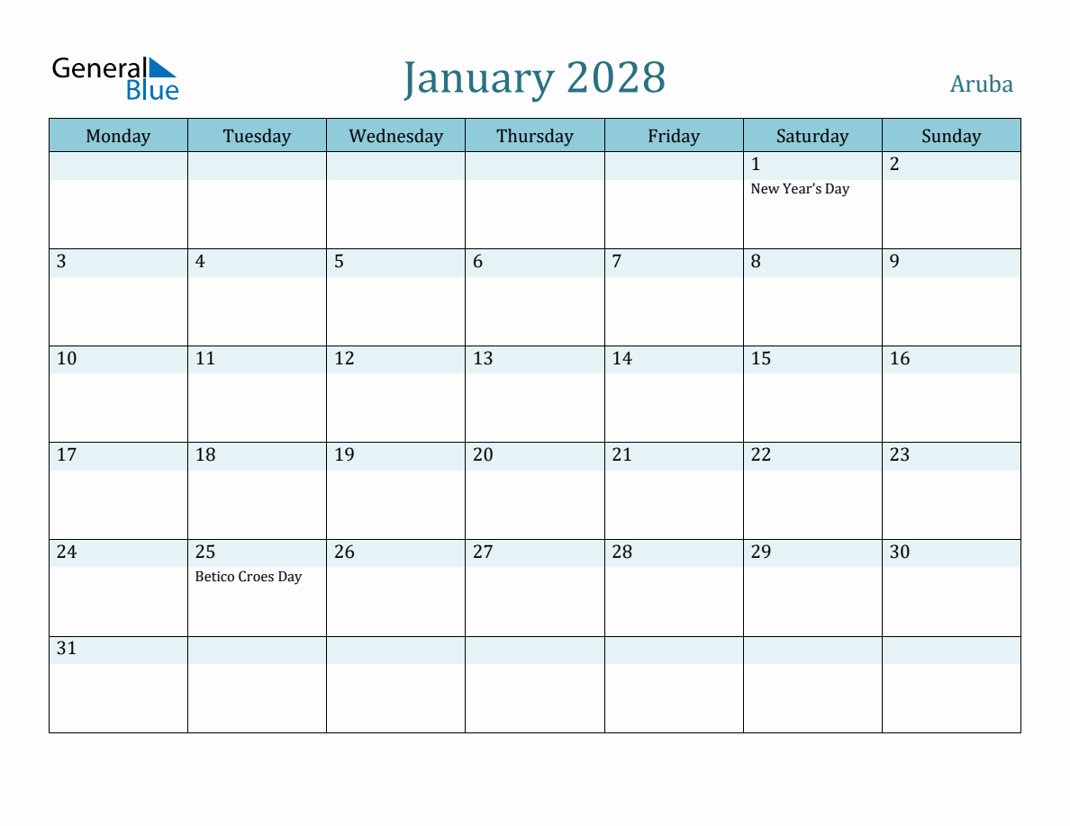 Aruba Holiday Calendar for January 2028
