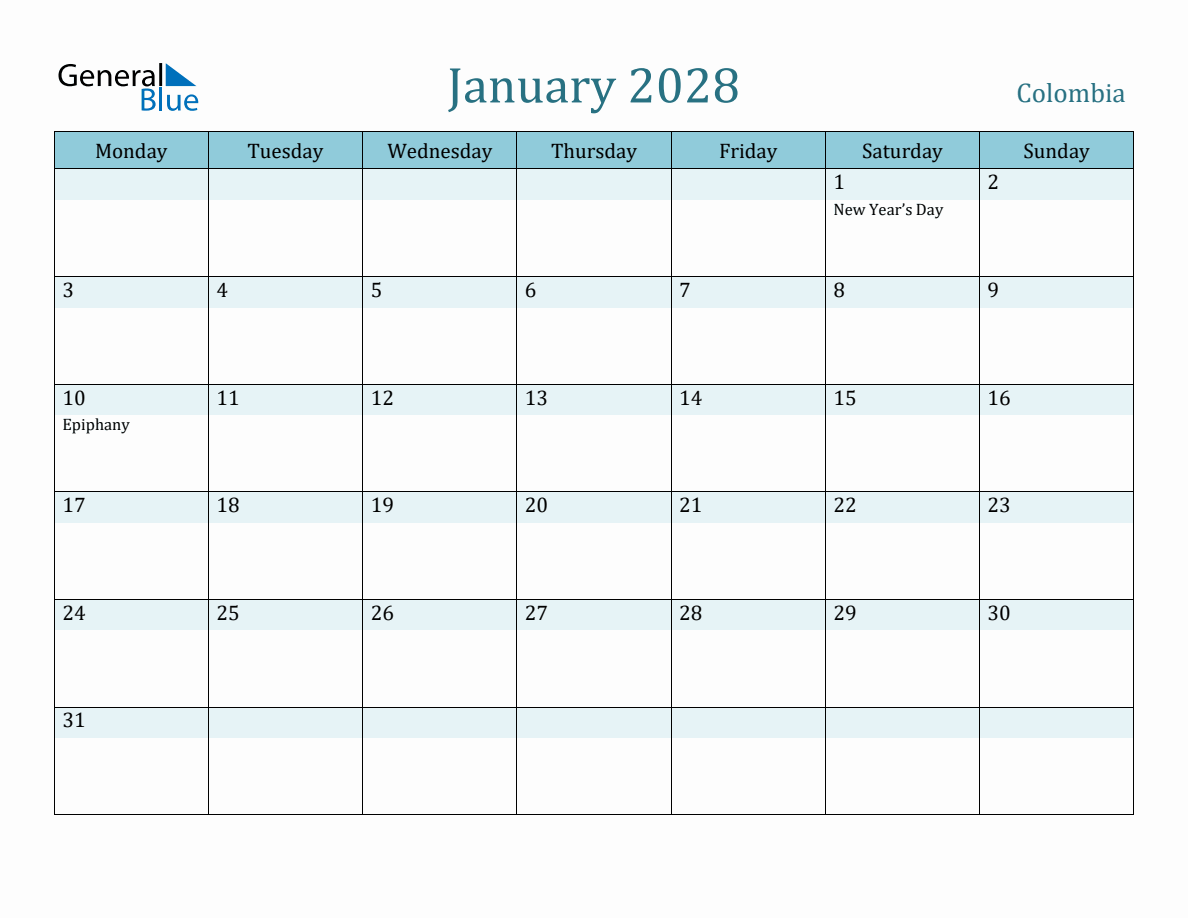 Colombia Holiday Calendar for January 2028