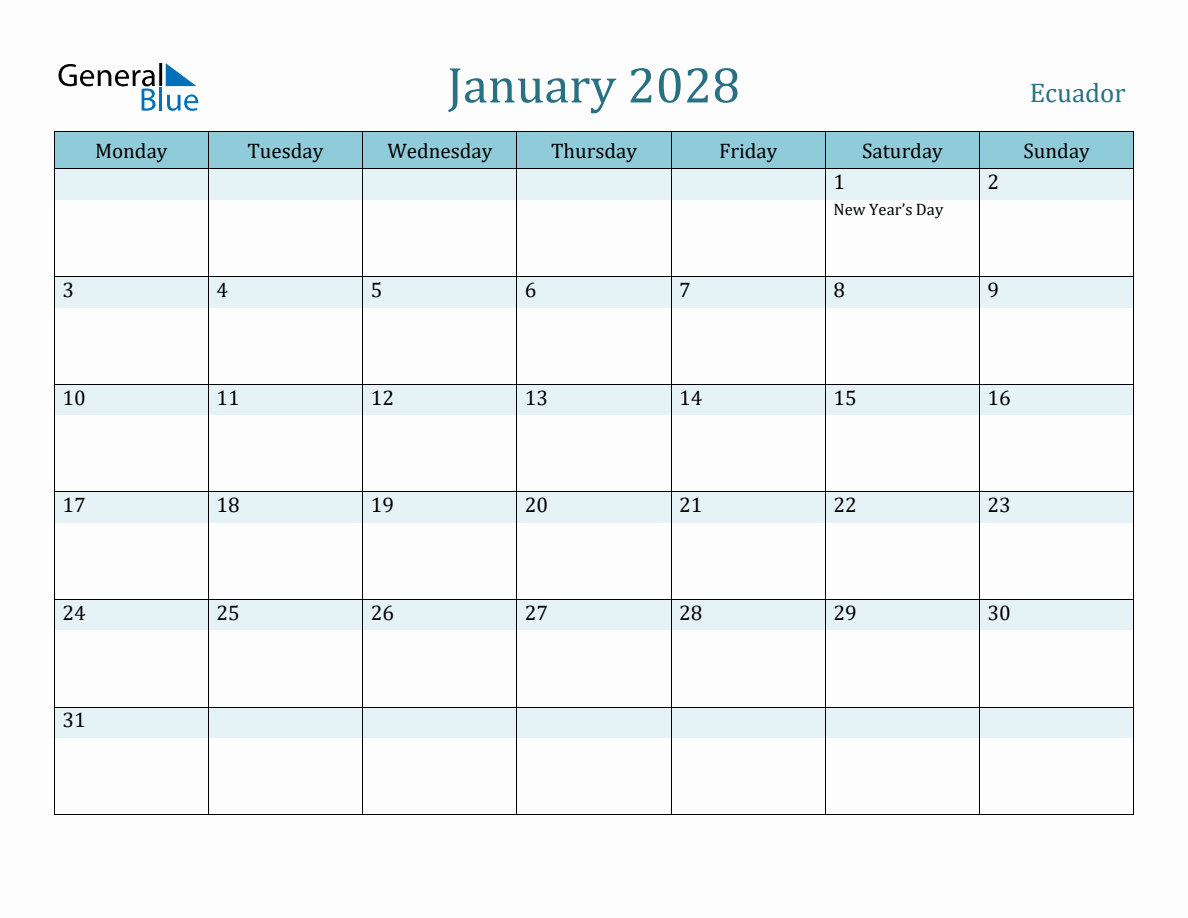Ecuador Holiday Calendar for January 2028