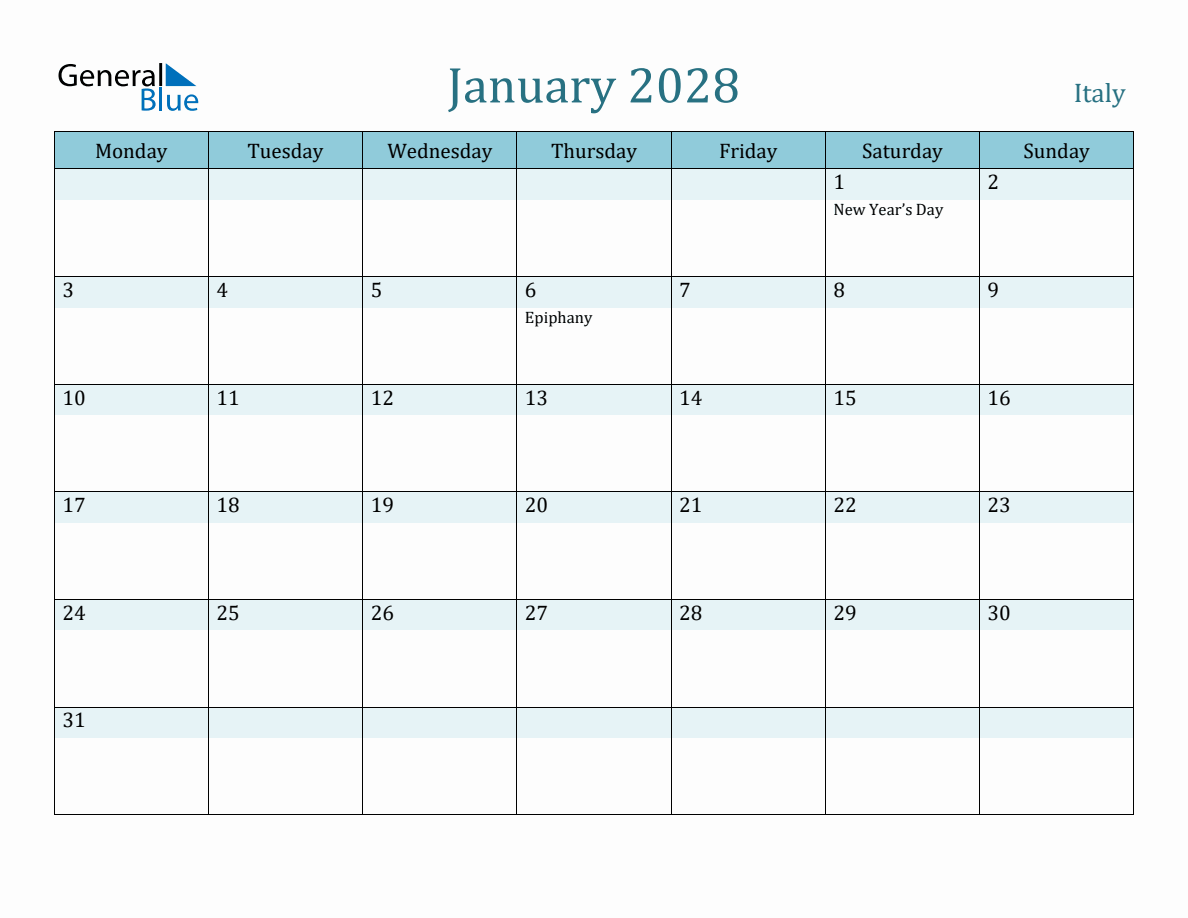 Italy Holiday Calendar for January 2028